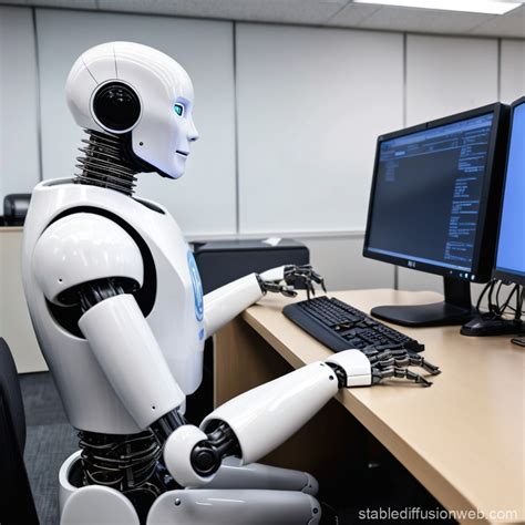 Robot Typing In Office Computer Stable Diffusion Online