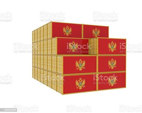 그림자와 흰색 배경에 몬테네그로 플래그와화물 컨테이너의 3d 그림입니다 배달 운송 운송 화물 운송 경제에 대한 스톡 사진 및