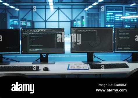 Lines Of Code Running On Computer Screens In Data Center Used For