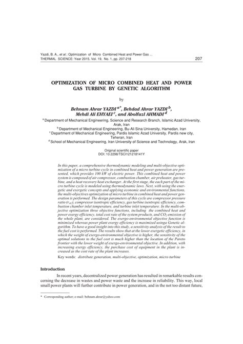 Pdf Optimization Of Micro Combined Heat And Power Gas Turbine By Genetic Algorithm