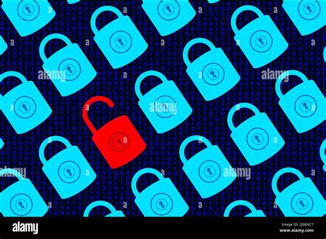 Broken Data Security Or Privacy Concept Pattern Of Closed Padlocks And Opened Padlock On Binary