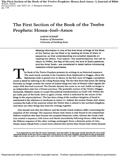 Ara The First Section Of The Book Of The Twelve Prophets Hosea Joel Amos Aaron Schart Pdf