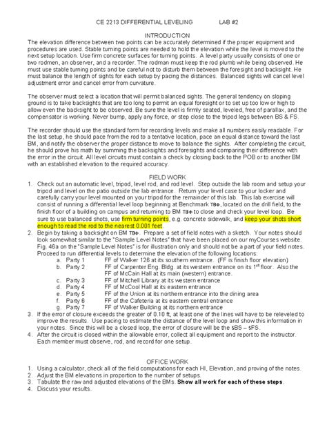 Lab 2 Differential Leveling Ce 2213 Differential Leveling Lab