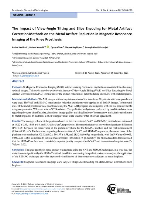 Pdf The Impact Of View Angle Tilting And Slice Encoding For Metal Artifact Correction Methods