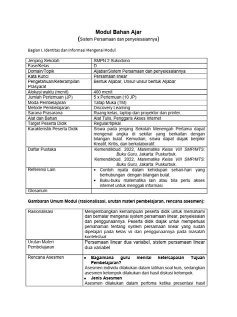 Modul Ajar Bab 21 Sistem Persamaan Linear Dua Variabel Pdf