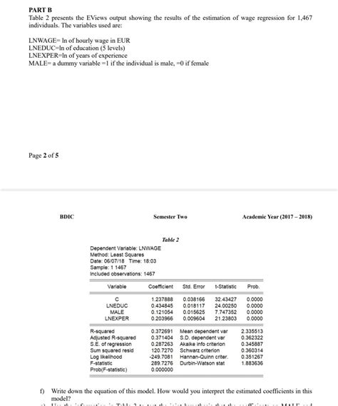 Solved Part B Table 2 Presents The Eviews Output Showing The