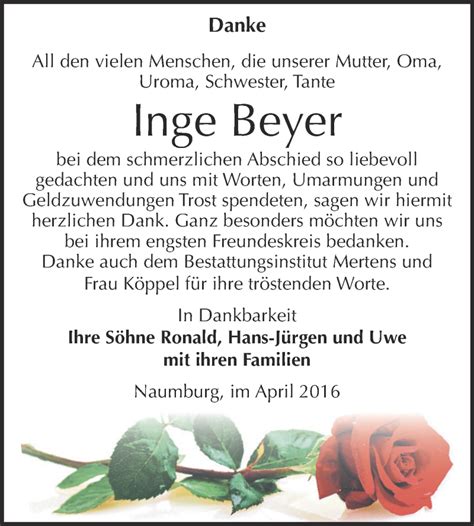 Traueranzeigen Von Inge Beyer Abschied Nehmende