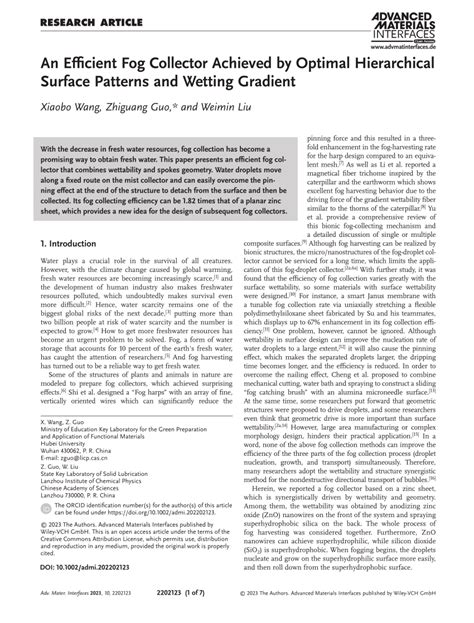 Pdf An Efficient Fog Collector Achieved By Optimal Hierarchical Surface Patterns And Wetting