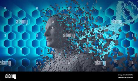 Composition Of Human Bust Formed With Grey Particles Dna Strand And Hexagons On Blue Background