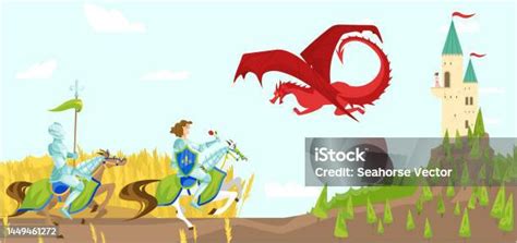 칼을 든 기사들은 하늘 성에 날개를 가진 야생 동화 판타지 생물의 치열한 용 만화 벡터 삽화와 싸웁니다 검에 대한 스톡 벡터 아트 및 기타 이미지 Istock