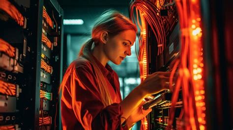 Premium AI Image A Female Network Engineer Connecting Cables In Server Cabinet While Working