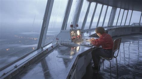 Young Air Traffic Controller Working Night Shift In Control Tower With