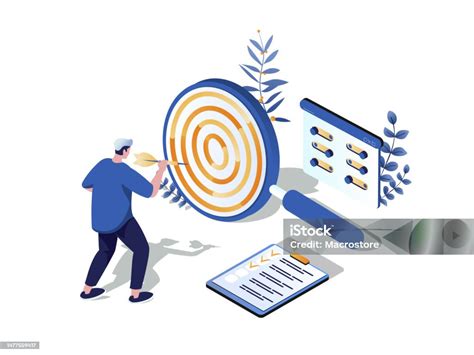 목표 개념 설정 3d 아이소메트릭 웹 장면 사람들은 전략 및 계획 작업을 만들고 할 일 목록을 만들고 타겟팅하고 다양한 목표를