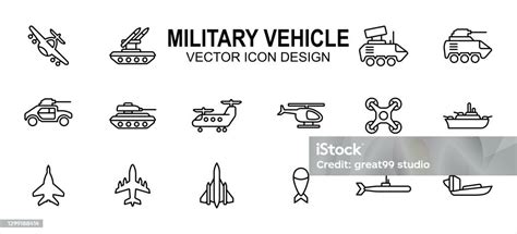 군사 무장 차량 벡터 아이콘 사용자 인터페이스 그래픽 디자인의 간단한 세트 전투기 로켓 발사기 대전차 탱크 헬리콥터 무인 항공기 제트 캐리어 선박 잠수함과 같은 아이콘이
