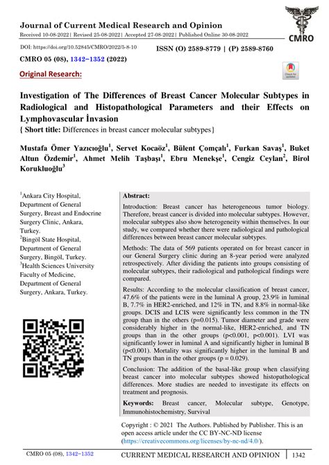 Pdf Investigation Of The Differences Of Breast Cancer Molecular Subtypes In Radiological And