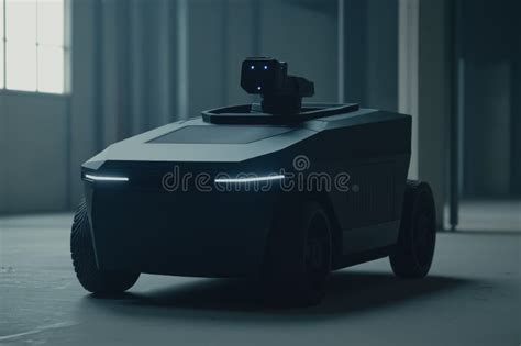 Autonomous Robot Vehicle With Advanced Sensors In A Dimly Lit Industrial Space Stock