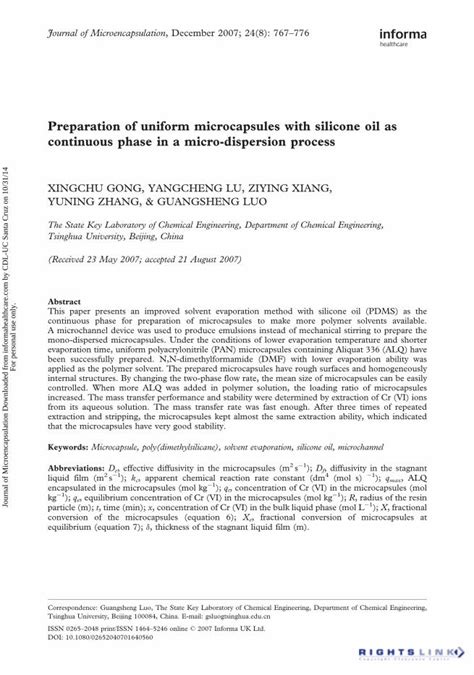 Pdf Preparation Of Uniform Microcapsules With Silicone Oil As