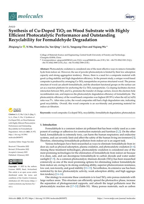 Pdf Synthesis Of Cu Doped Tio2 On Wood Substrate With Highly Efficient Photocatalytic