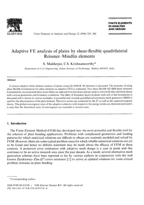 Pdf Adaptive Fe Analysis Of Plates By Shear Flexible Quadrilateral Reissner Mindlin Elements