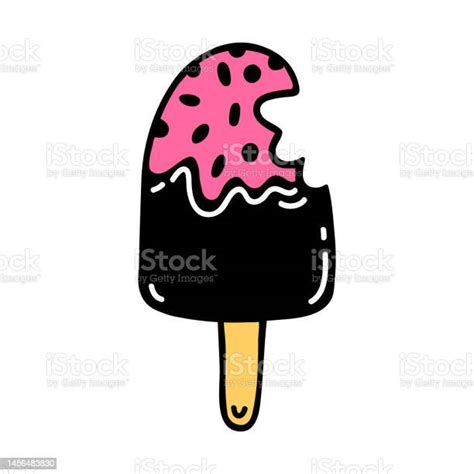 물린 아이스크림 벡터 아이콘입니다 뿌려진 초콜릿 유약에 차가운 딸기 디저트 흰색으로 분리된 손으로 그린 간단한 낙서 스틱 아이스 캔디에 맛있는 여름 치료 플랫 만화 클립