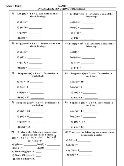 3a Evaluating Functions Worksheet Pdf