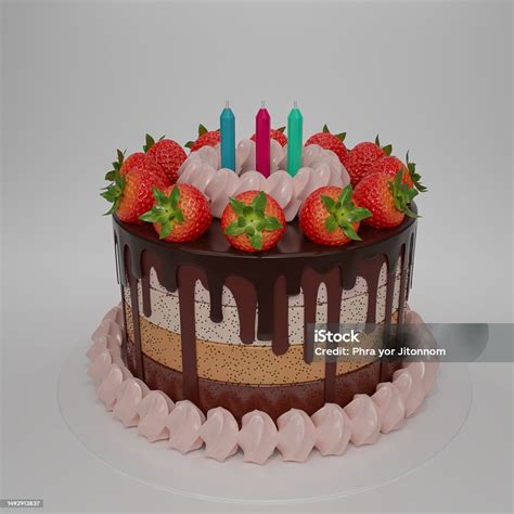 3d는 귀여운 생일 초콜릿 케이크와 딸기와 양초로 장식합니다 딸기 케이크 깜짝 생일 어머니 발렌타인 데이 복사 공간3d 렌더링을
