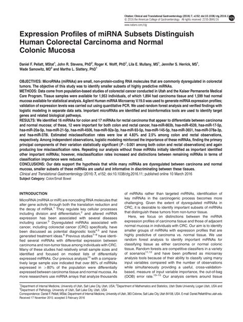 Pdf Expression Profiles Of Mirna Subsets Distinguish Human Colorectal