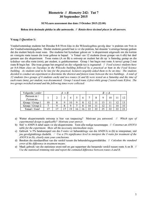 Bmt 242 Tut 7 2015 7th Tutorial Biometry 242 Biometrie Biometry 242 Tut 7 30 September