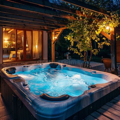 Hydromassage Pool In Private Cottage Illuminated Hot Tub Pool With