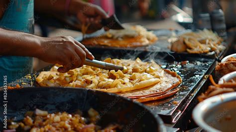 Authentic Indian Street Vendor Preparing Traditional Dosa On A Pan