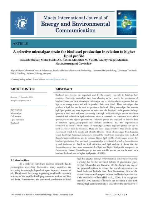 Pdf A Selective Microalgae Strain For Biodiesel Production In