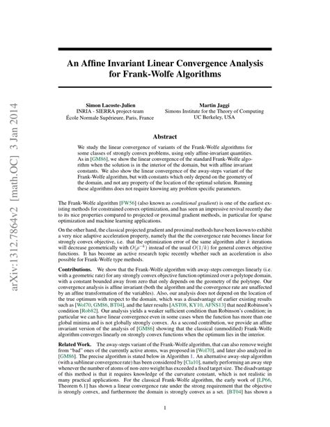 Pdf An Affine Invariant Linear Convergence Analysis For Frank Wolfe