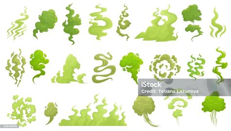 연기 냄새 나쁜 냄새 구름 녹색 악취 향기와 냄새 나는 연기 만화 벡터 일러스트 세트 불쾌한 냄새에 대한 스톡 벡터 아트 및 기타 이미지 불쾌한 냄새 방귀 향기로운