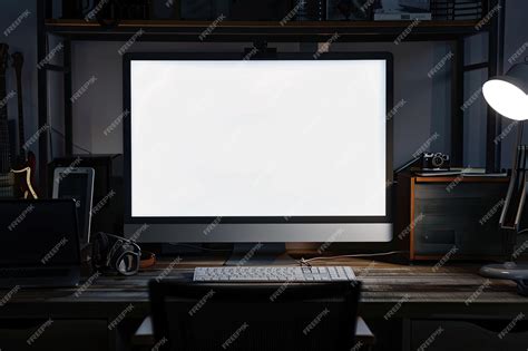 Dark Room With White Screen Next To Keyboard And On Desk With Chair Premium Ai Generated Image
