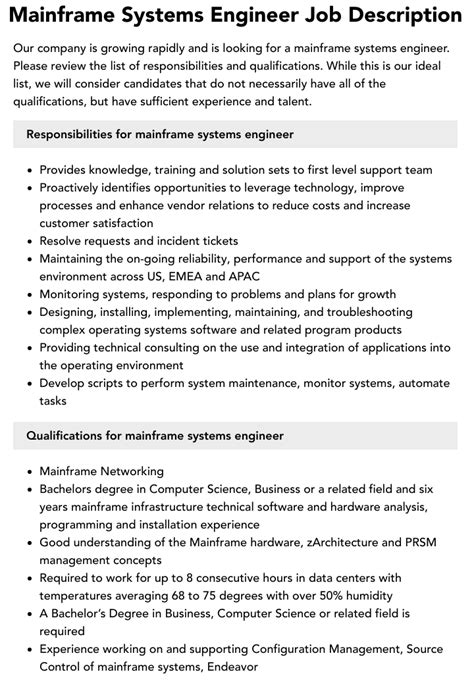 Mainframe Systems Engineer Job Description Velvet Jobs