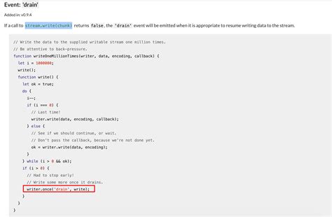 write stream why drain eventhandler is being listened using ` once