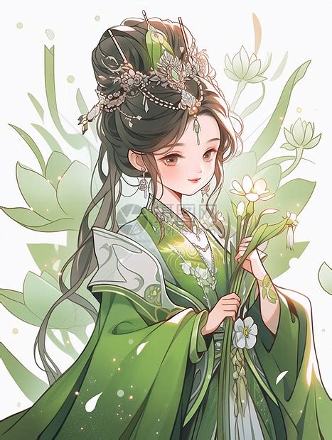 手拿着一株荷花优雅漂亮的卡通公主插画图片下载 正版图片402531481 摄图网