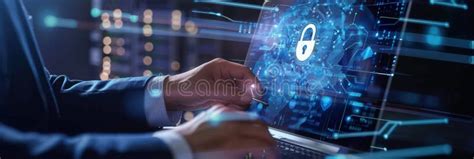 A Professional Secures Data On A Laptop Using Advanced Cyber Security Networks Represented By A