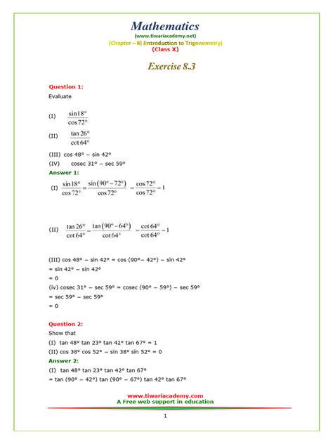 10 maths solutions exercise 8 3 pdf trigonometric functions euclid