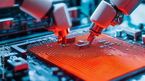 Hightech Computer Chip Assembly Line Bright Lighting Closeup Of