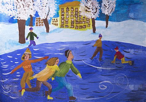 儿童绘画《冬季公园溜冰》