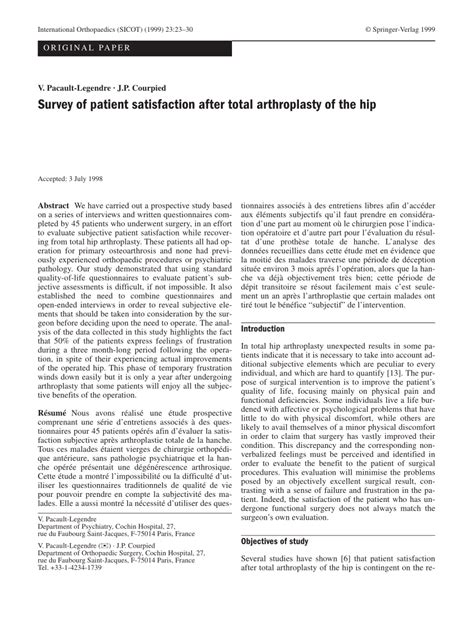 Pdf Survey Of Patient Satisfaction Of Total Arthroplasty Of The Hip