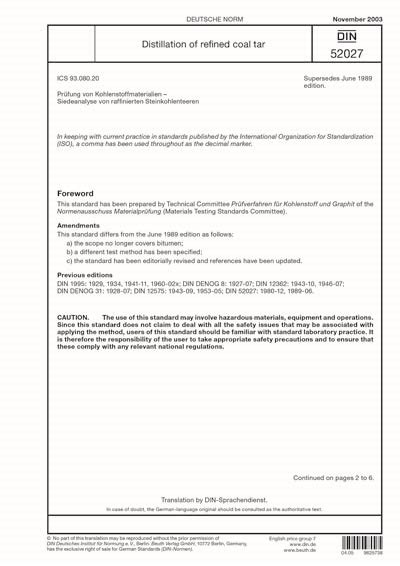 DIN 52027:2003 - Testing of carbonaceous materials - Distillation of ...