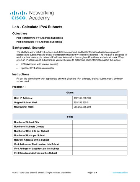 Lab Calculate Ipv4 Subnets Objectives Part 1 Determine Ipv4