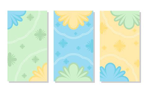 Set Of Pastel Blue Green And Orange Abstract Portrait Background With Flower Pattern And Lines