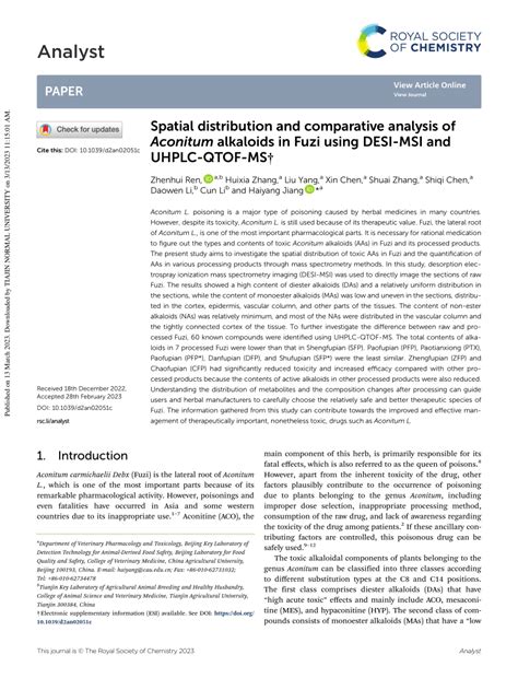 Pdf Spatial Distribution And Comparative Analysis Of Aconitum Alkaloids In Fuzi Using Desi Msi