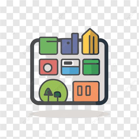 평평한 색상의 건물과 나무의 평면 아이콘 벡터 흰색 배경에 자산의 단순한 다채로운 아이콘 그림자 없음 작은 프레임 중앙 Png 일러스트 및 벡터 에 대한 무료