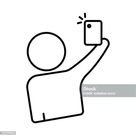 셀카 아이콘 그림입니다 휴대 전화와 함께 사람 아이콘입니다 라이프 스타일과 관련된 아이콘입니다 선 아이콘 스타일 간단한 벡터 디자인 편집 가능 개념에 대한 스톡 벡터 아트