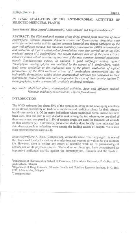 PDF In Vitro Evaluation Of The Antimicrobial Activities Of Selected Medicinal Plants