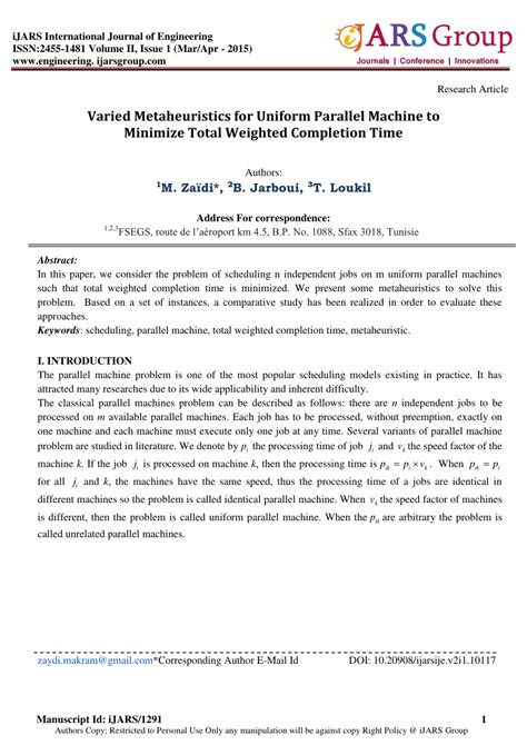 pdf varied metaheuristics for uniform parallel machine to minimize